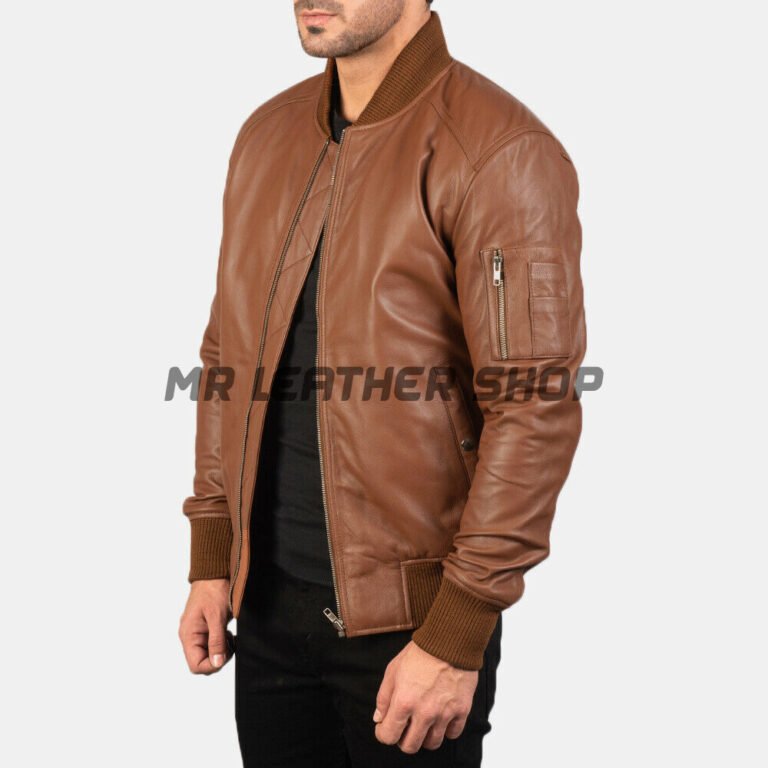 Brown Bomber Jacket Men - With Front Zip And Brown Rib