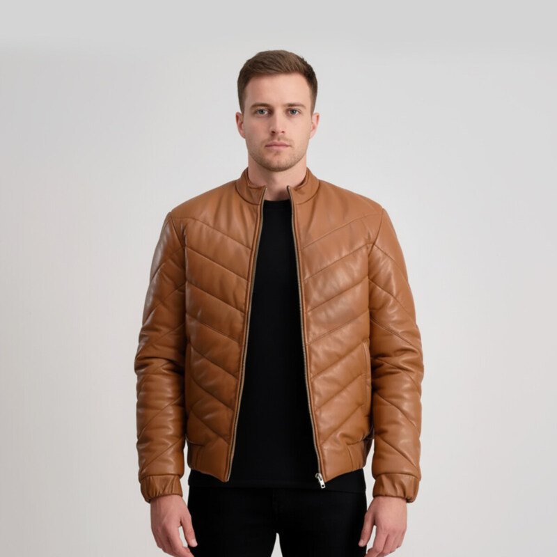 Brown Leather Puffer Jacket - Mr Leather Shop - Brown Leather Puffer Jacket